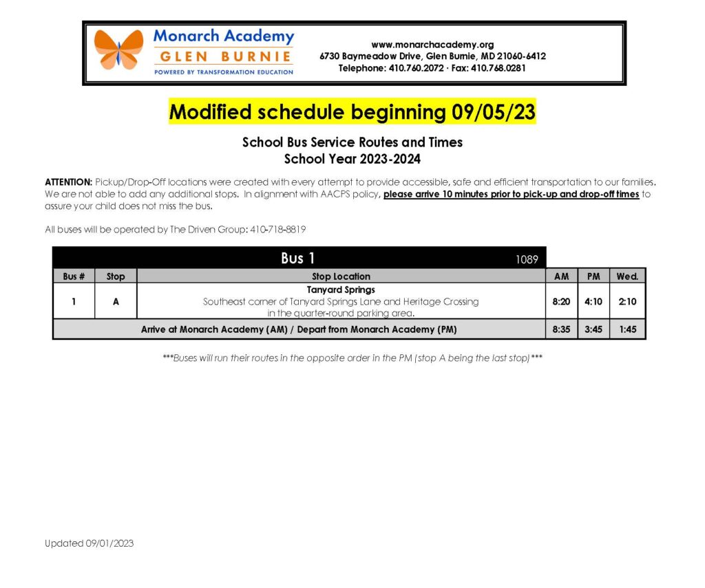 Bus Schedule - Monarch Academy Glen Burnie