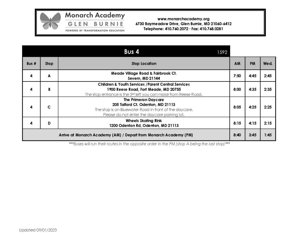 Bus Schedule - Monarch Academy Glen Burnie
