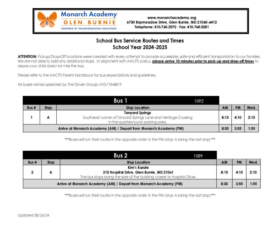 Bus Schedule - Monarch Academy Glen Burnie