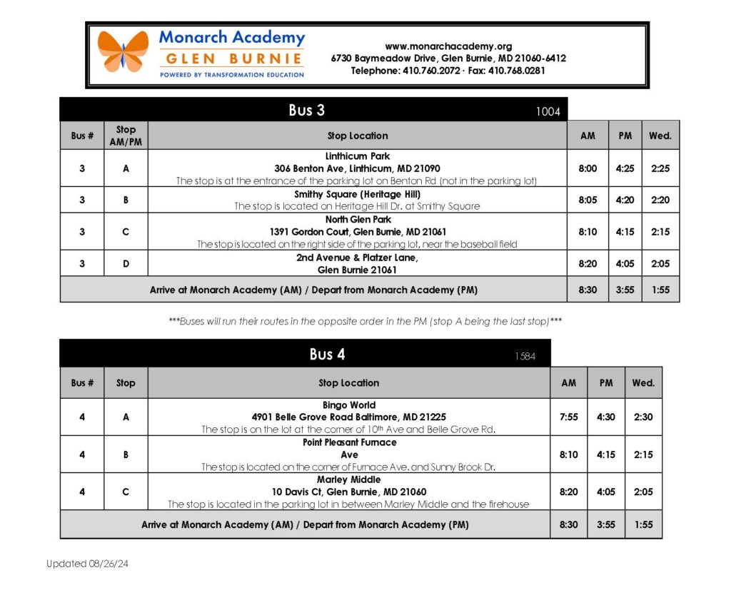 Bus Schedule - Monarch Academy Glen Burnie