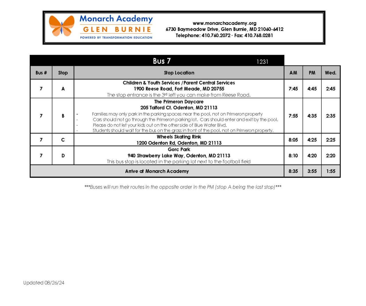 Bus Schedule - Monarch Academy Glen Burnie
